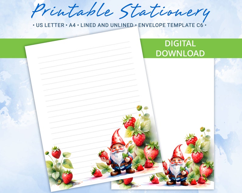Printable Stationery Lined Paper, Letter Writing Paper With Cute Gnomes ...