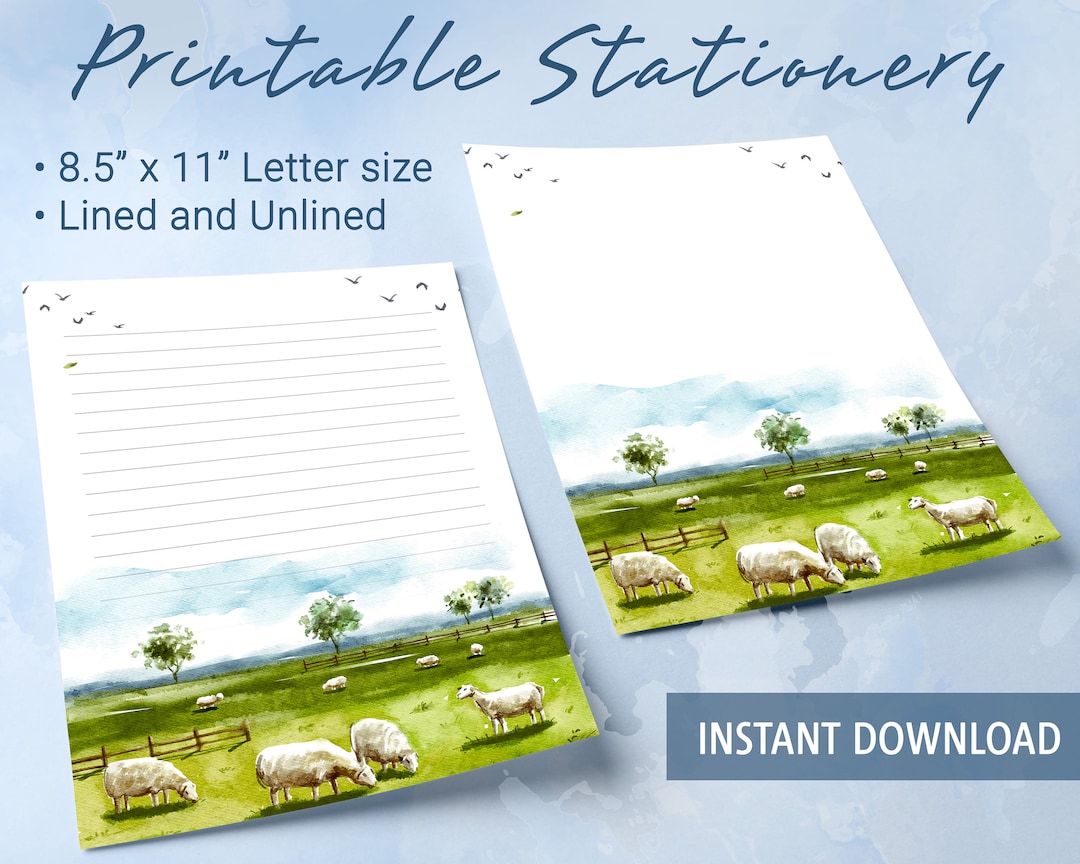 Printable Stationery Lined Paper With Watercolor Sheep Farm in Savannah ...