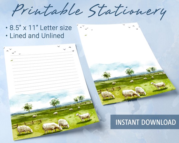 Printable Stationery Lined Paper With Watercolor Sheep Farm in - Etsy