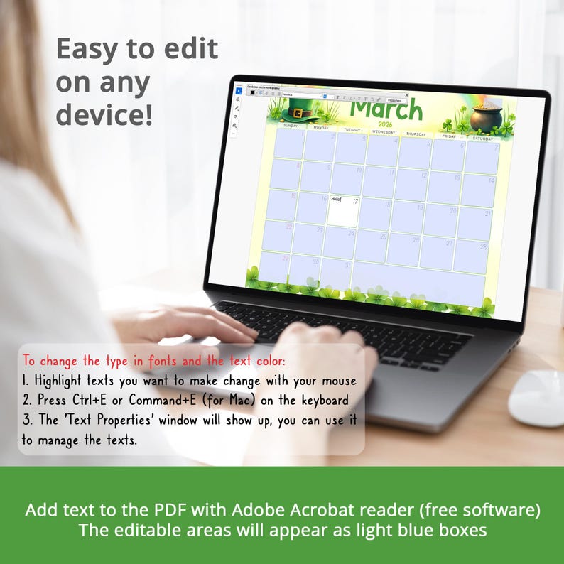 Editable March 2026 Calendar, St Patrick’s Day Shamrock Monthly Planner ...