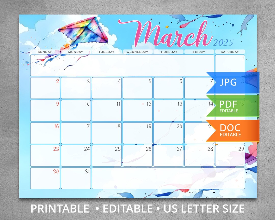 Editable March 2025 Calendar, Spring Wall Calendar With Air Kite in the ...