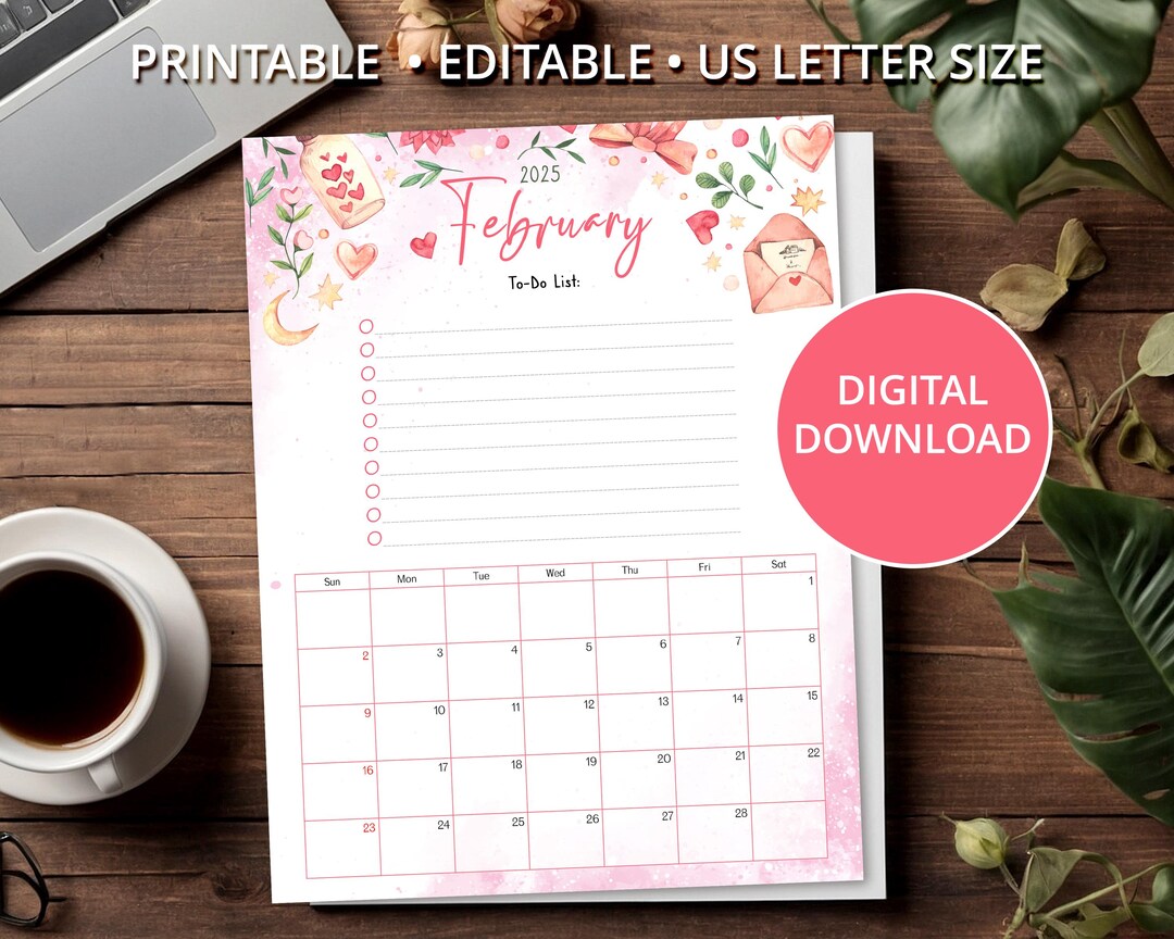To-do List & Editable February 2025 Calendar With Valentine's Day ...