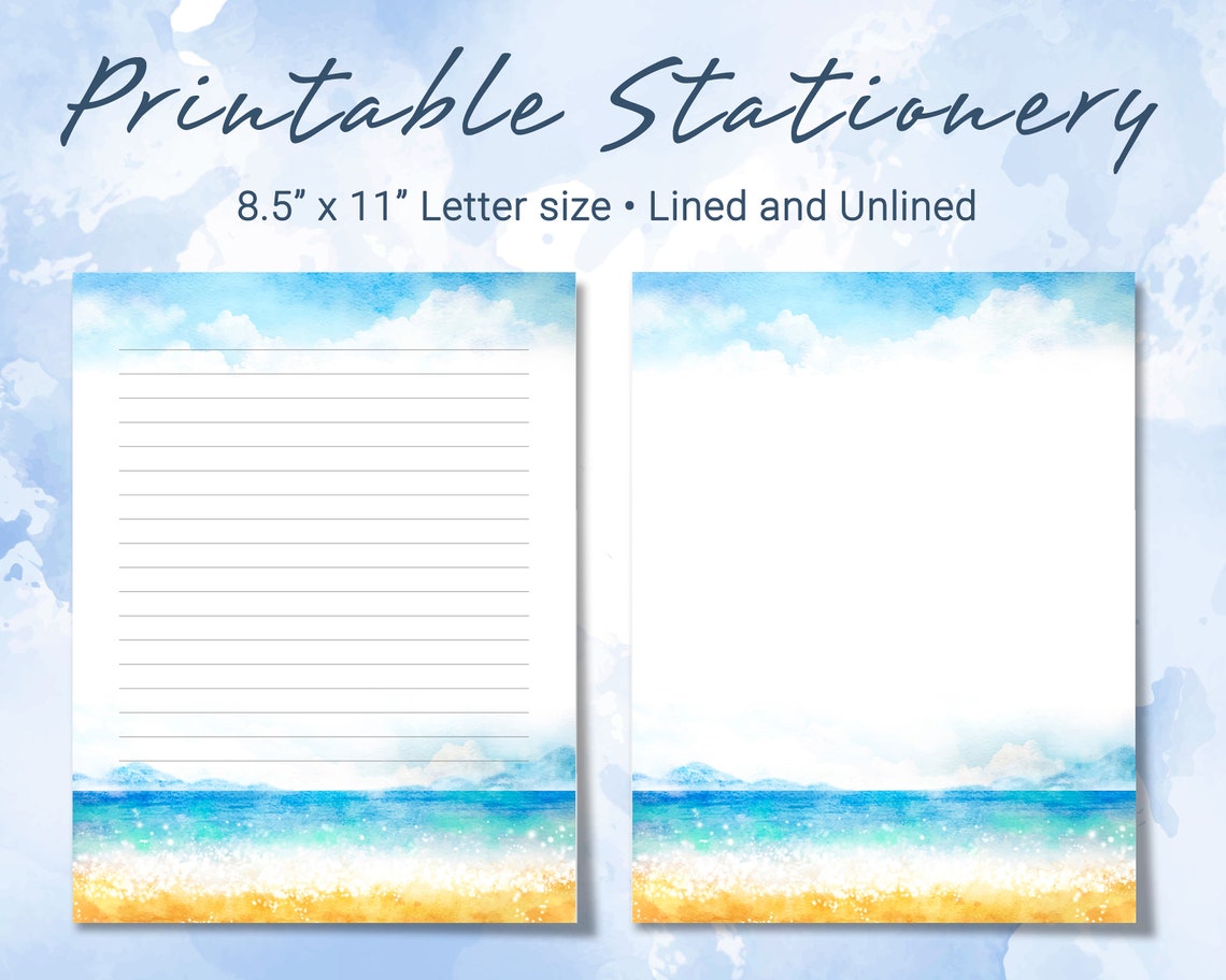 Printable Stationery Lined Paper, Summer Background With Beach in ...