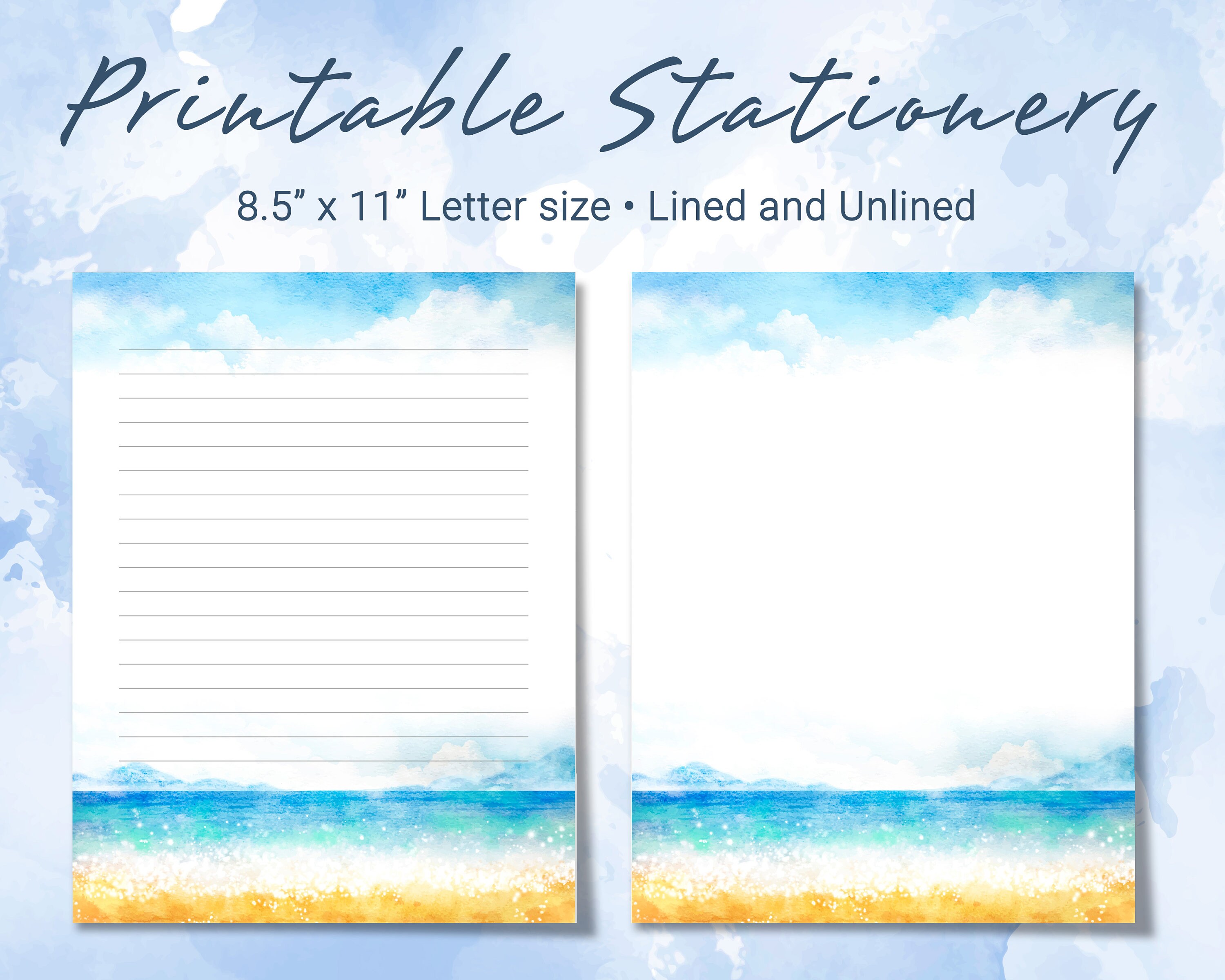 Printable Stationery Lined Paper, Summer Background With Beach in ...