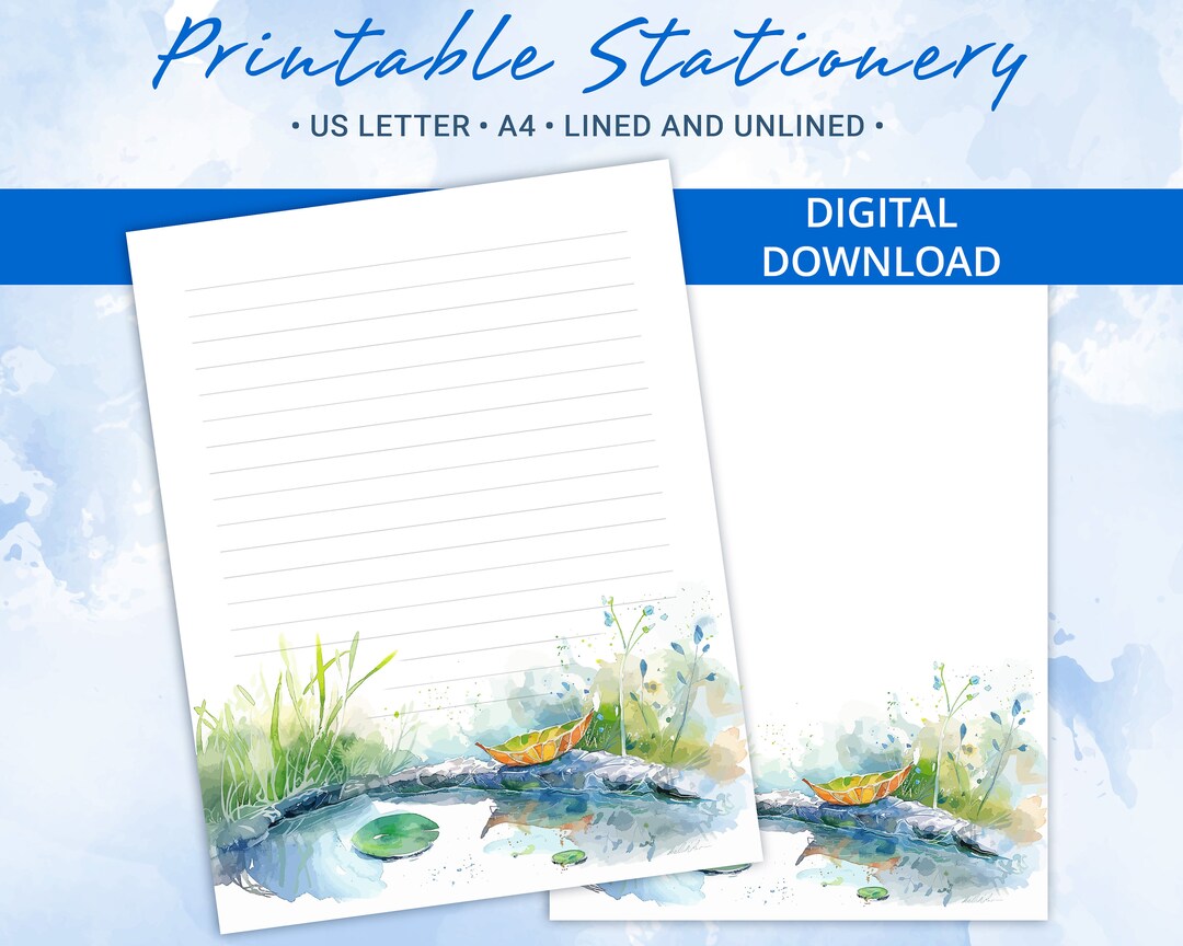 Printable Stationery Paper With Leaf Boat in a Small Pond, Letter ...