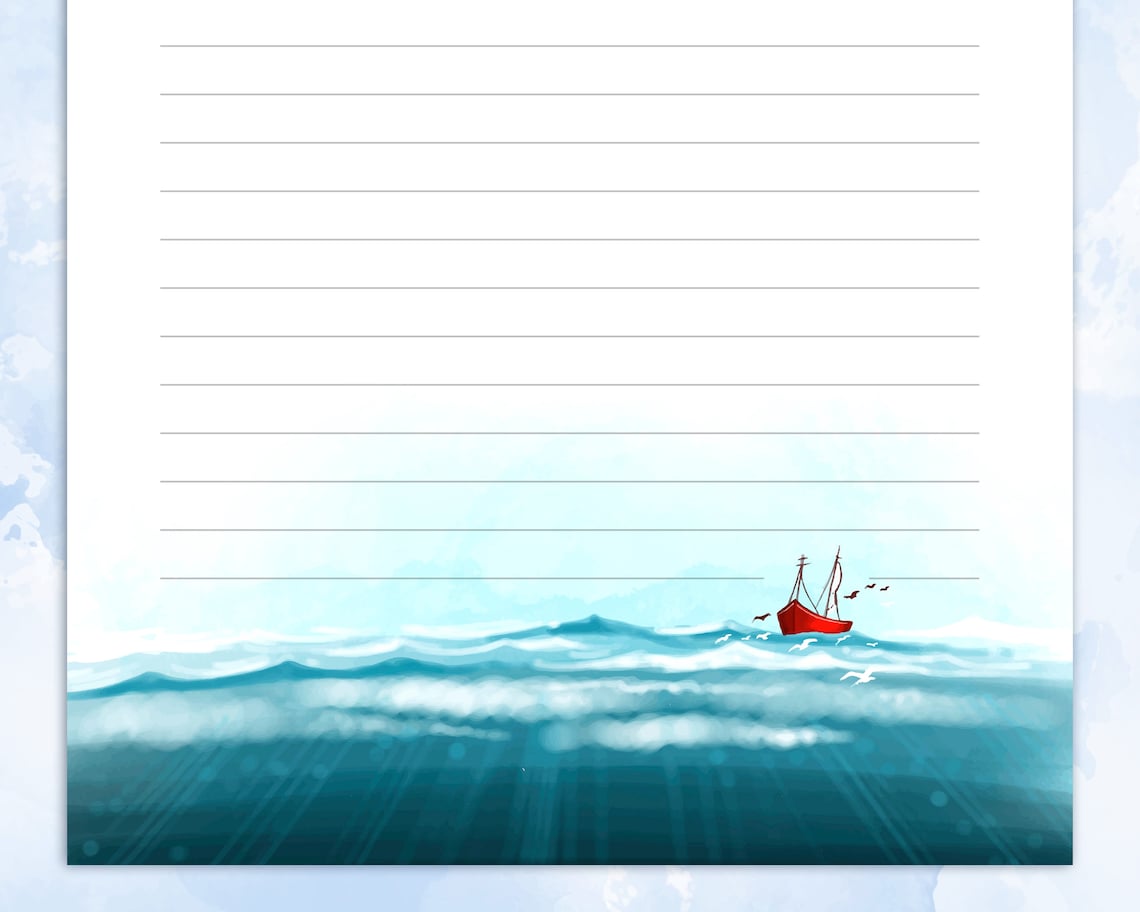 Printable Stationery Lined Paper With Landscape of Blue Ocean ...