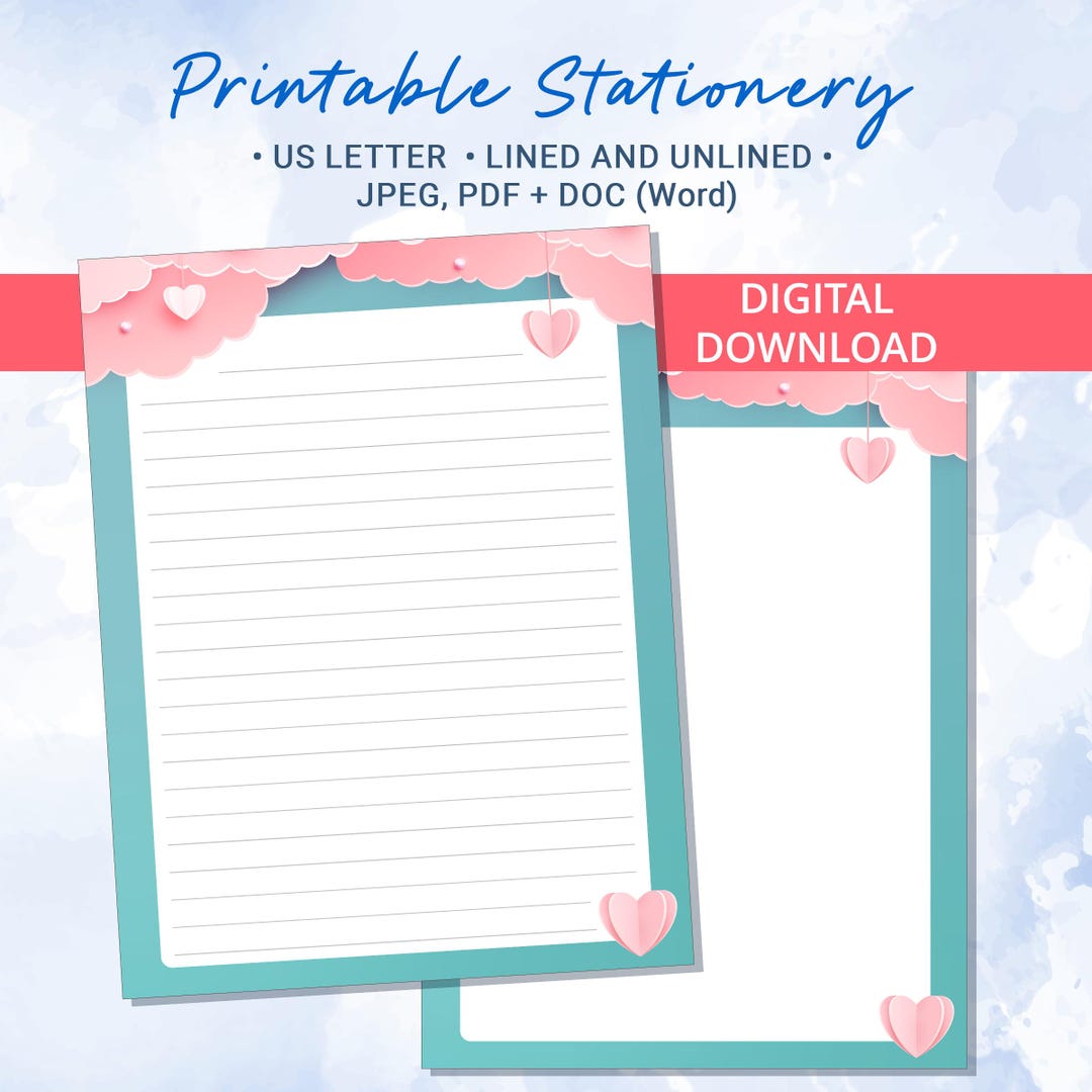 Valentine Printable Stationery Paper, Lined & Unlined Writing Pages ...