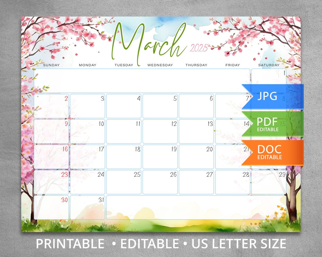 March 2025 Calendar, Editable March Calendar With Spring Background ...