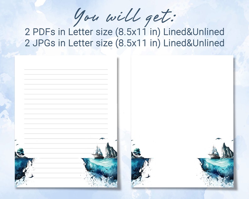 Printable Stationery Lined Paper With Sea Illustration, Printable ...