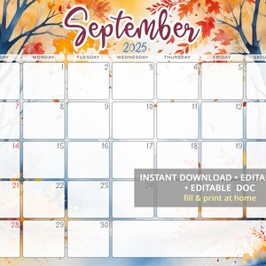 Editable September 2025 Printable Calendar, Fall Watercolor Fillable ...