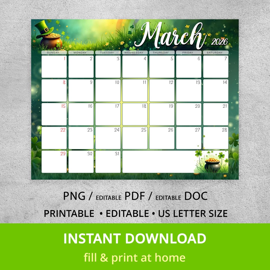 Editable March 2026 Calendar, St. Patrick’s Day Theme, Printable ...