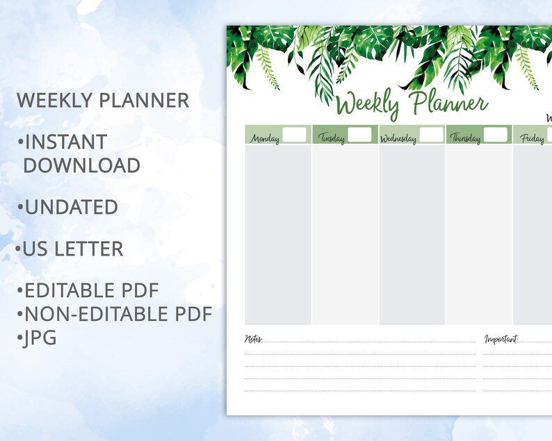 Editable Weekly Planner With Tropical Leaves, Digital to Do List ...