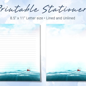 Printable Stationery Lined Paper With Landscape of Blue Ocean ...