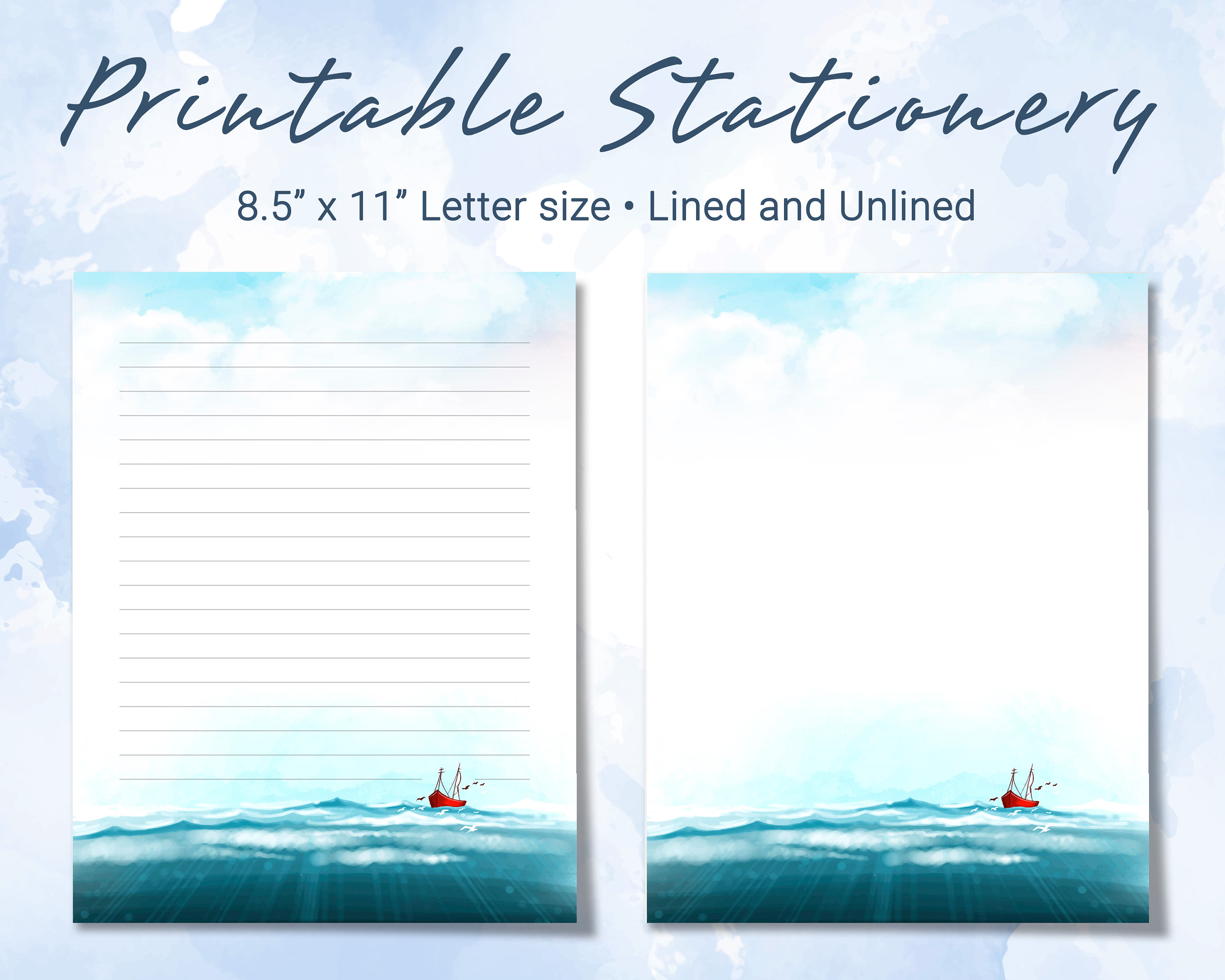 Printable Stationery Lined Paper With Landscape of Blue Ocean ...