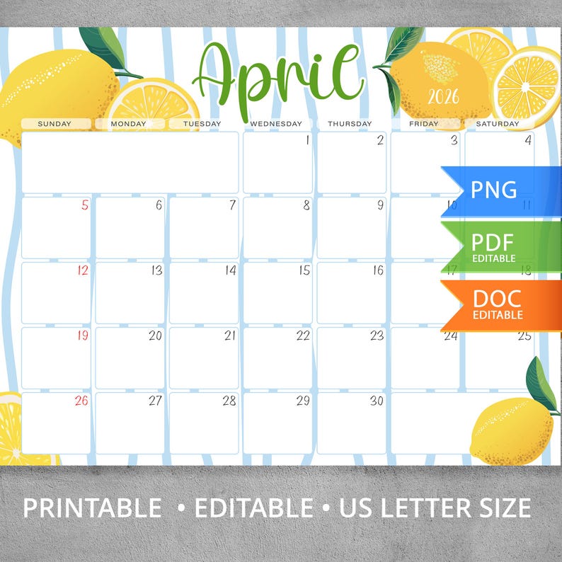Editable April 2026 Lemon Calendar, Printable Monthly Planner PDF ...