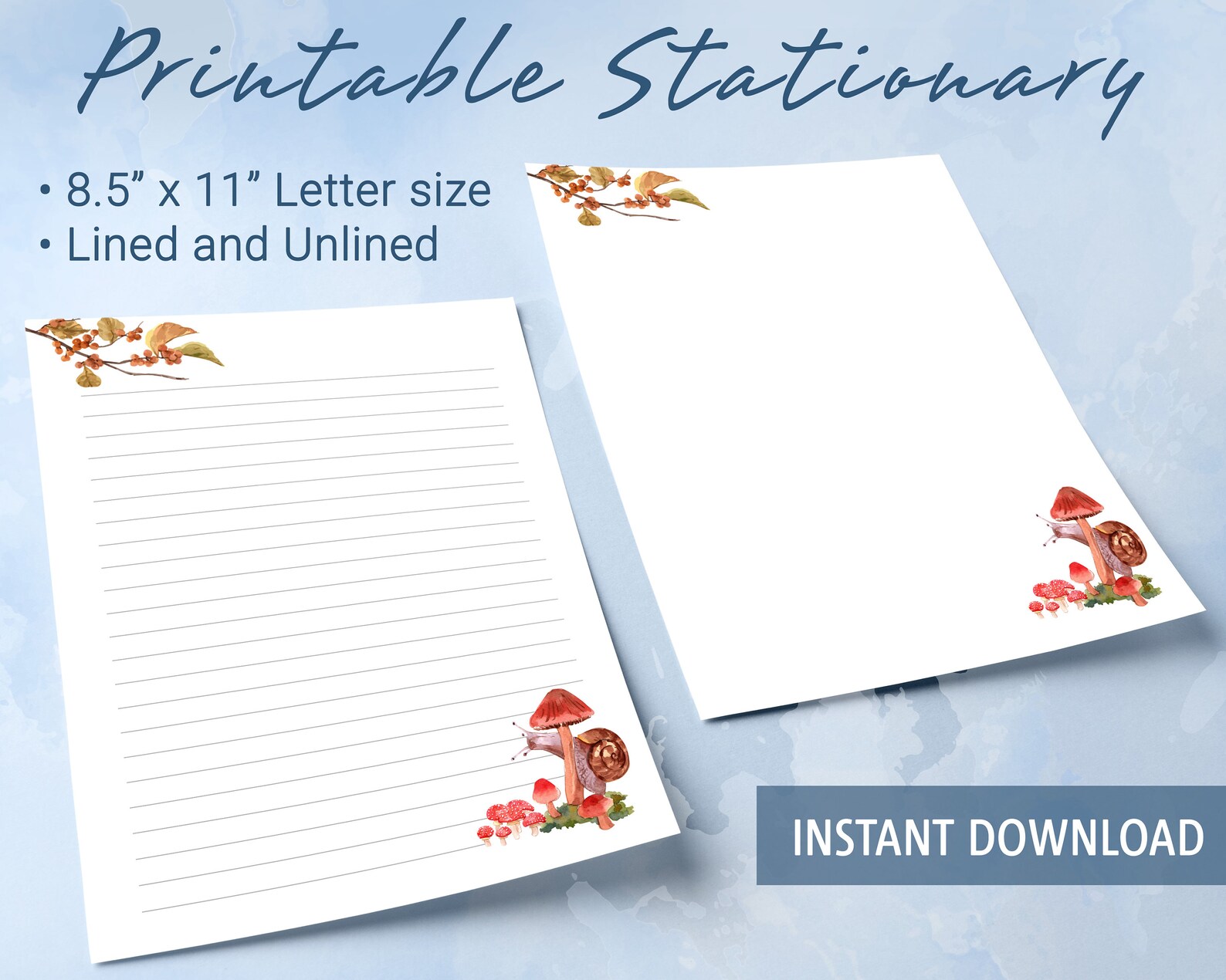 Printable Stationary Lined Paper, Mushrooms Fly Agaric Snail Watercolor ...
