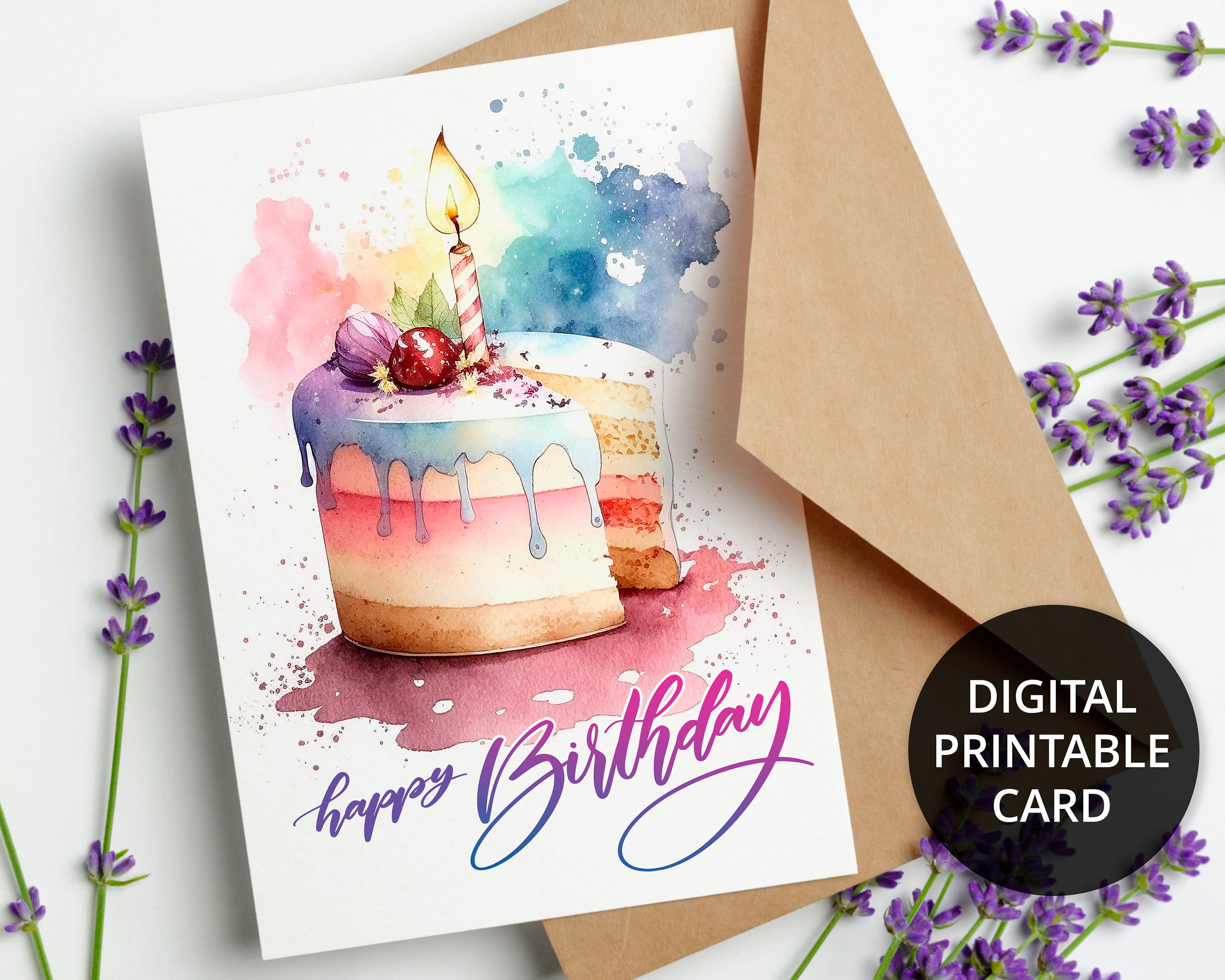 Printable Birthday Card, Digital Birthday Card With Birthday Cake, 5x7 ...