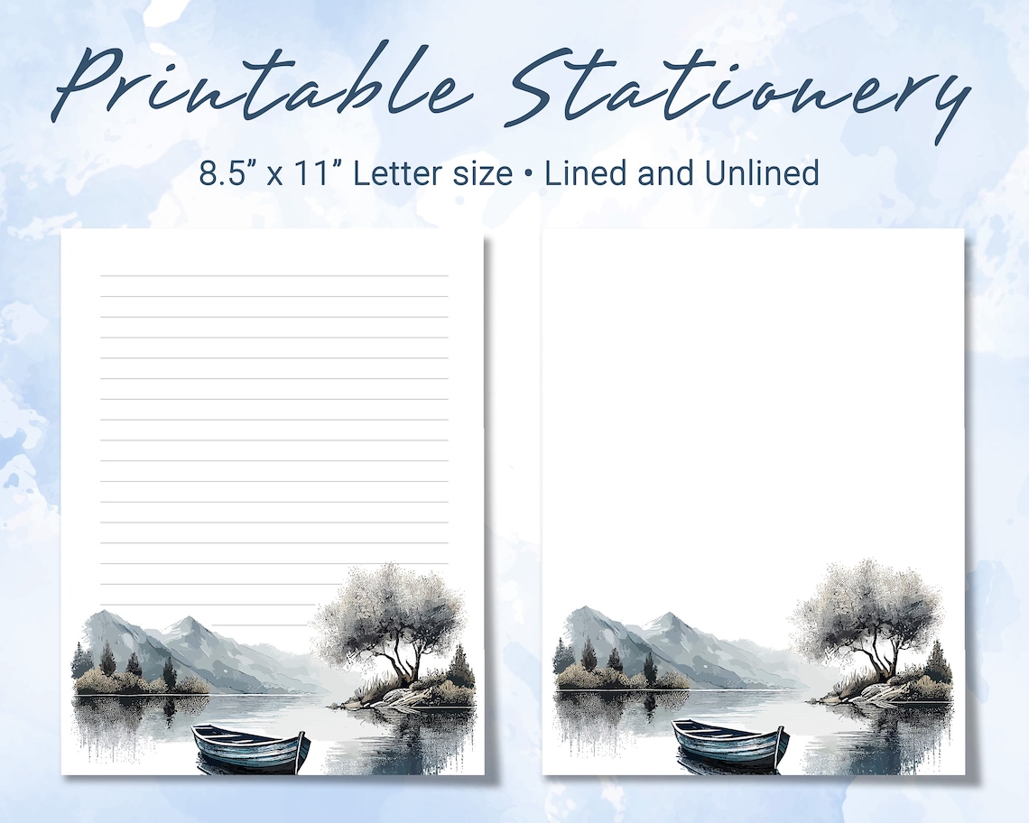 Printable Stationery Lined Paper With Lonely Boat Surrounded by Green ...