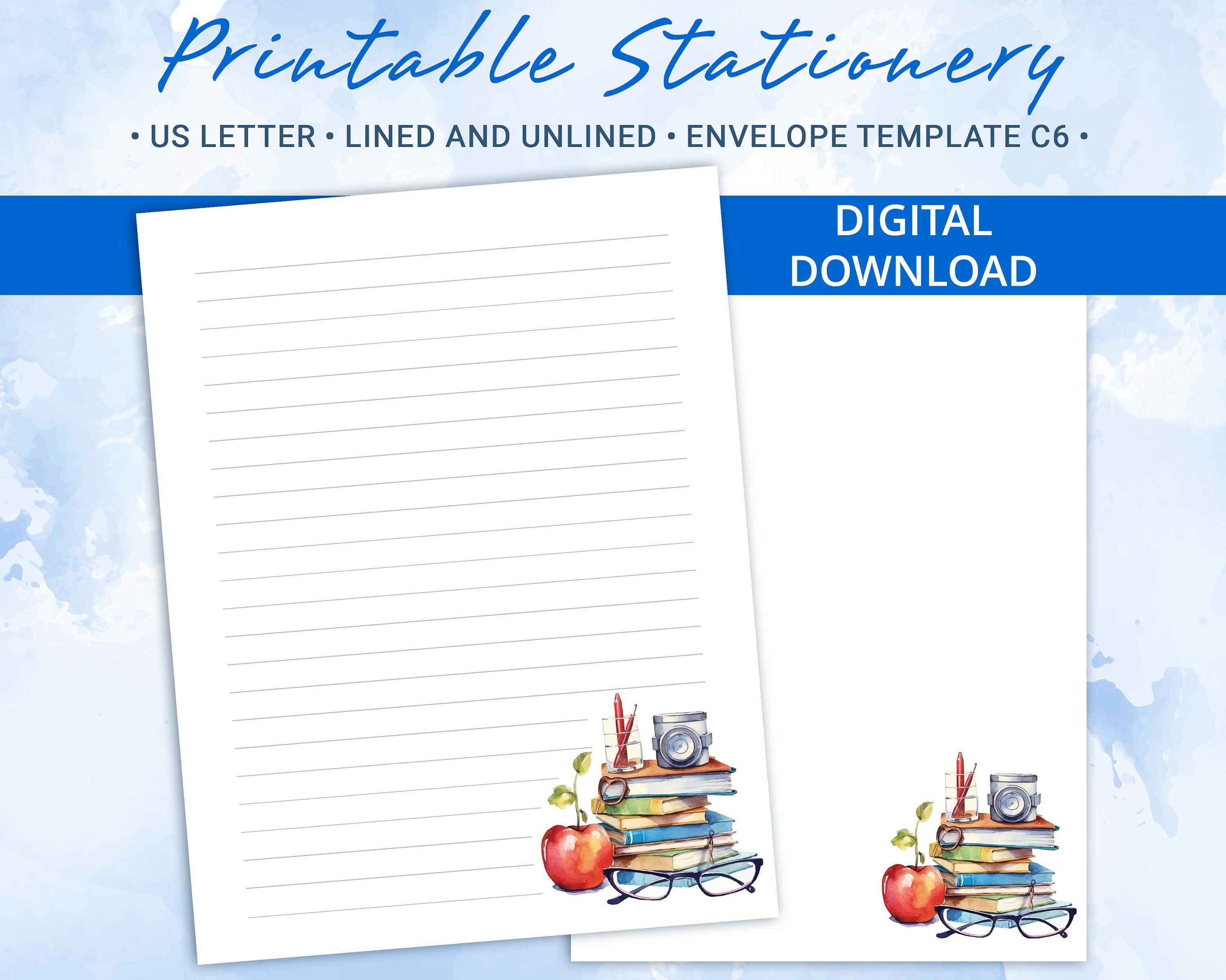 Printable Stationery Paper: Books & Apple Design, C6 Envelope - Etsy