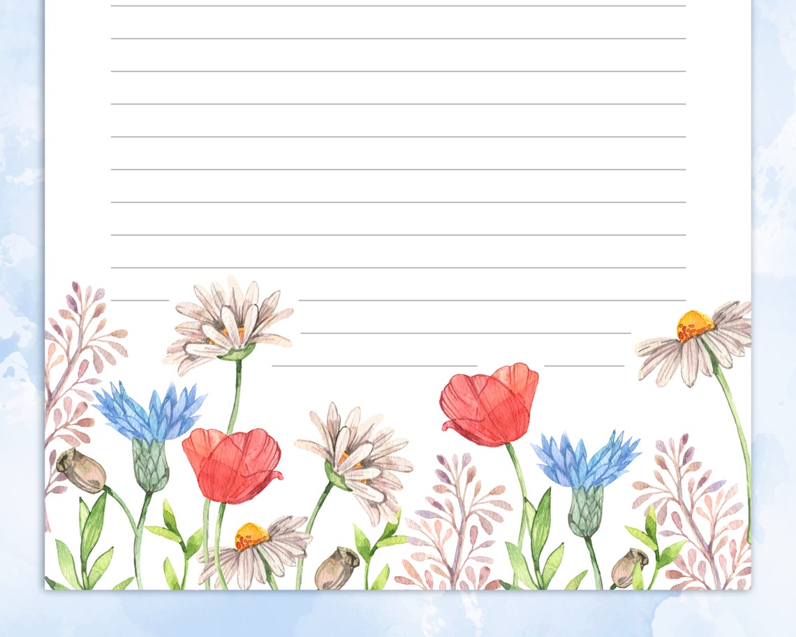 Floral Printable Stationery Lined Paper, Watercolor Wildflowers ...