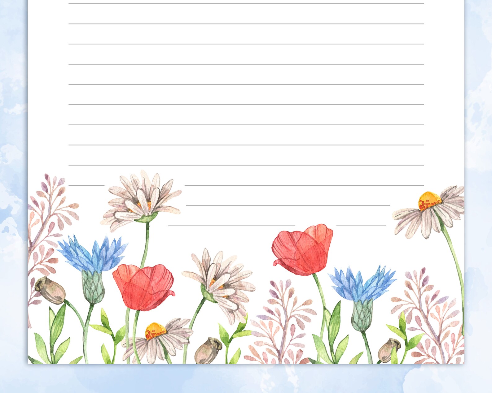 Floral Printable Stationery Lined Paper, Watercolor Wildflowers ...