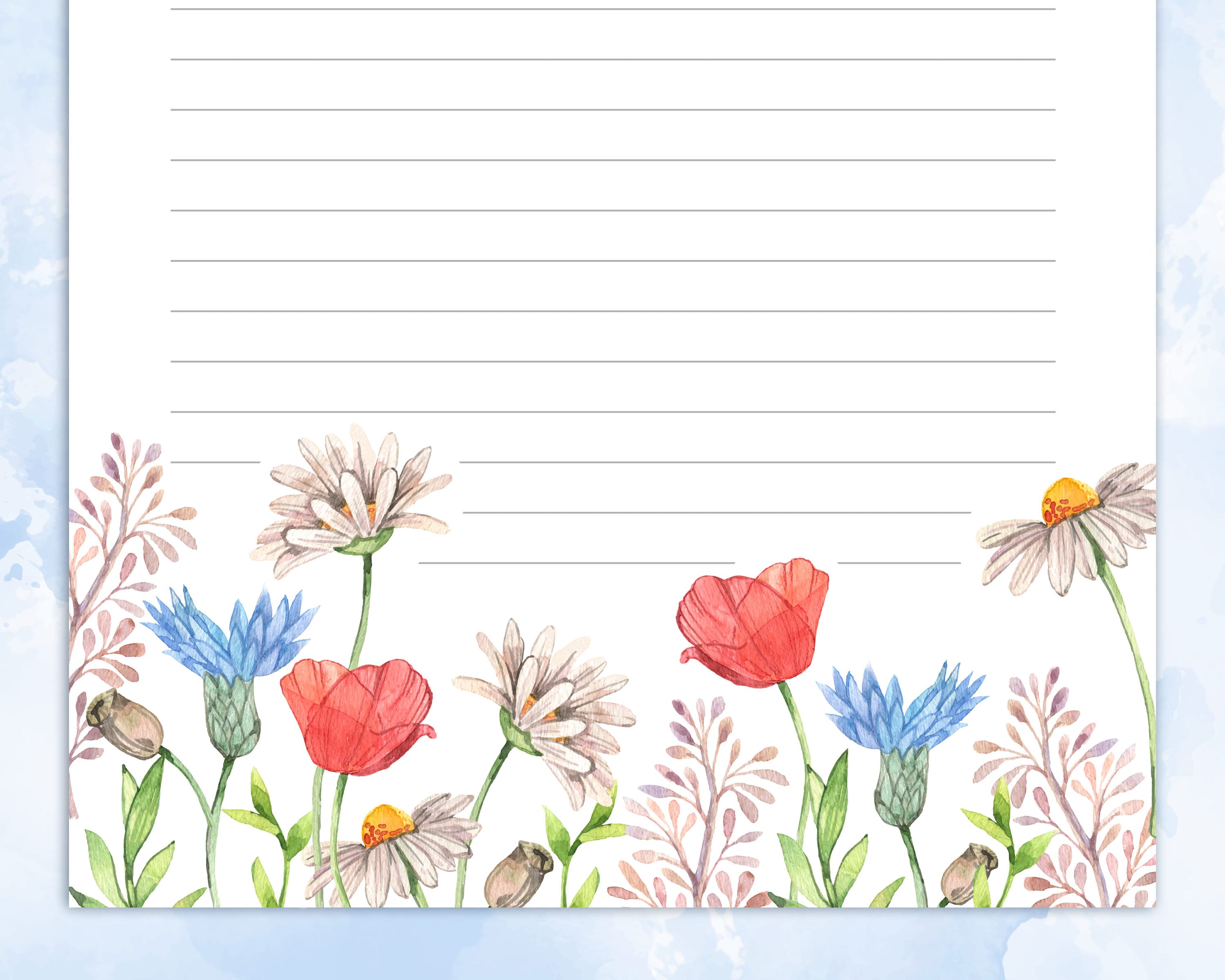 Floral Printable Stationery Lined Paper, Watercolor Wildflowers ...