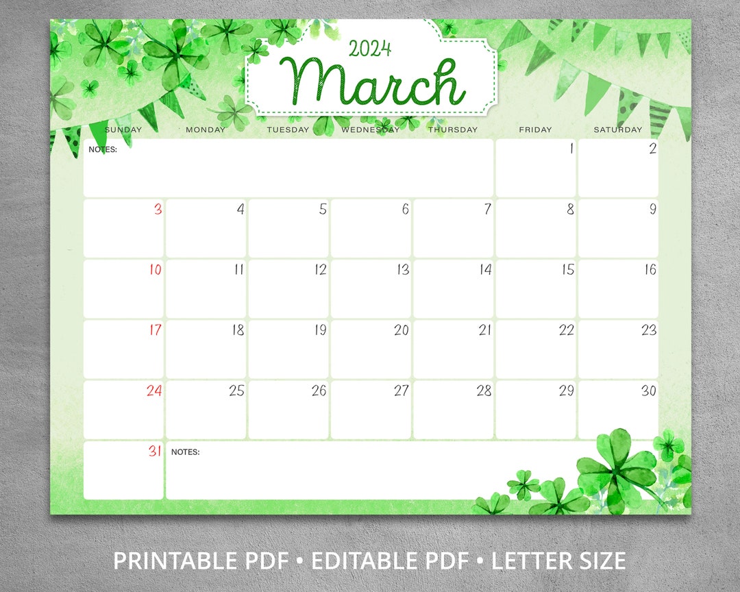 Editable March 2024 Calendar With Clovers for St Patrick's Day ...