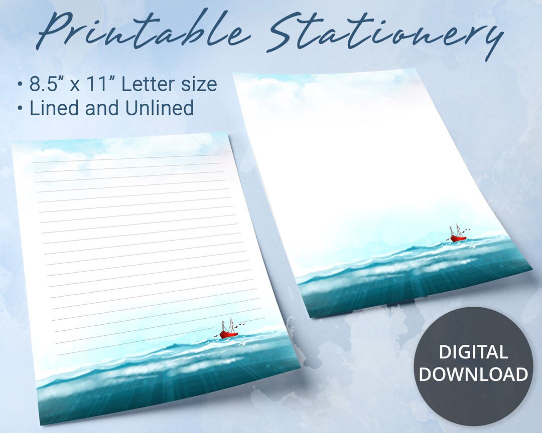 Printable Stationery Lined Paper With Landscape of Blue Ocean ...