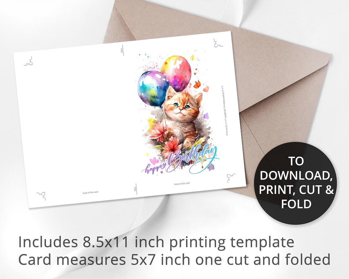 Printable Birthday Card With a Cute Kitten and Balloons and Flower ...