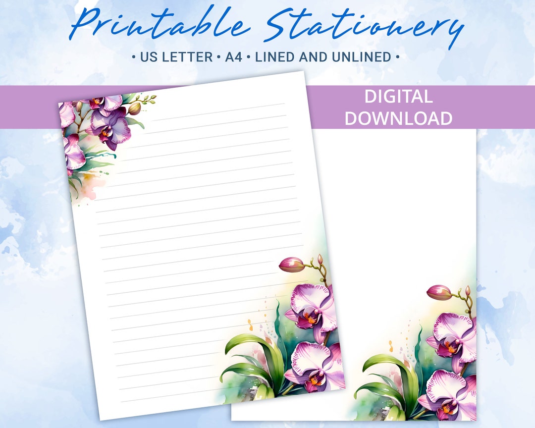 Floral Printable Stationery Paper With Bright Orchid Flowers, Letter ...