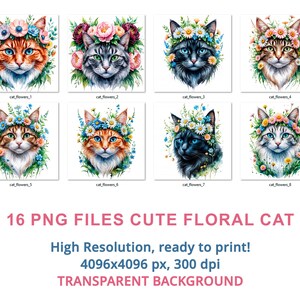 Floral Cat Clipart Bundle, 16 PNG Cute Watercolor Cats With Flower ...