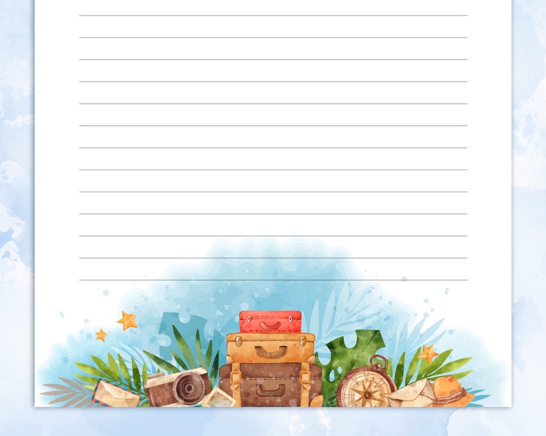 Travel Printable Stationery Lined Paper, Watercolor Travel Printable ...