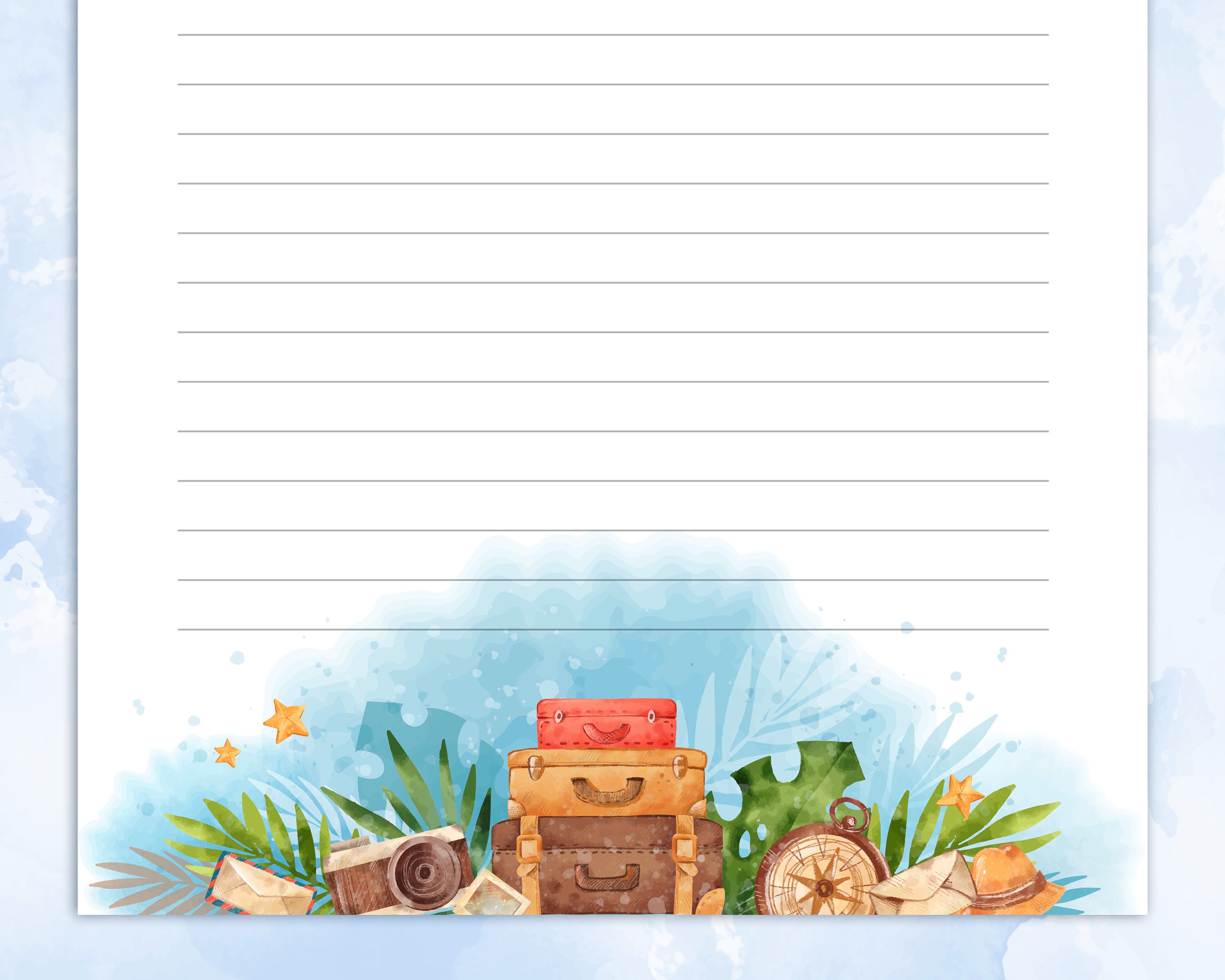 Travel Printable Stationery Lined Paper, Watercolor Travel Printable ...