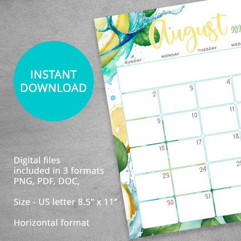August 2026 Monthly Calendar, Lemon Watercolor Printable Planner ...