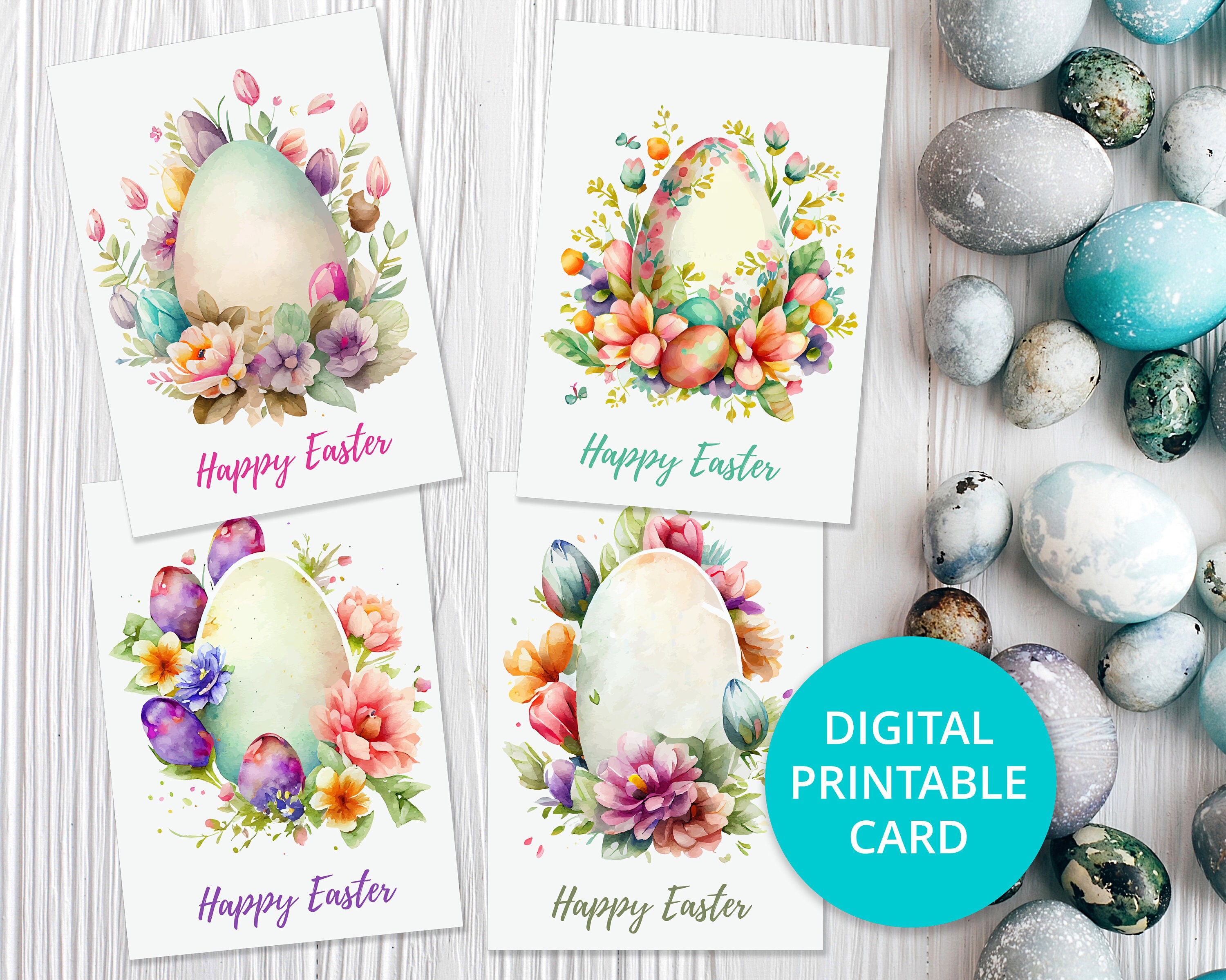 Printable Easter Cards, Happy Easter Card With Easter Eggs and Spring ...