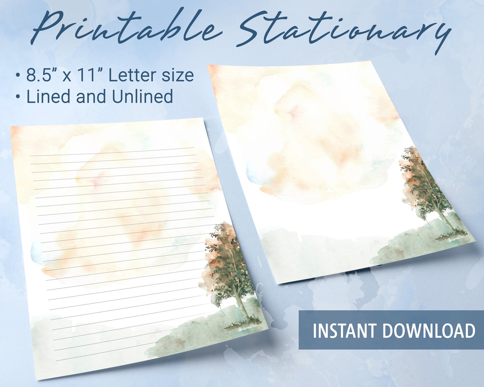 Printable Stationary Tree Landscape Watercolor Printable - Etsy