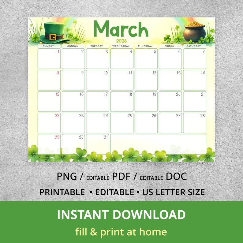 Editable March 2026 Calendar, St Patrick’s Day Shamrock Monthly Planner ...