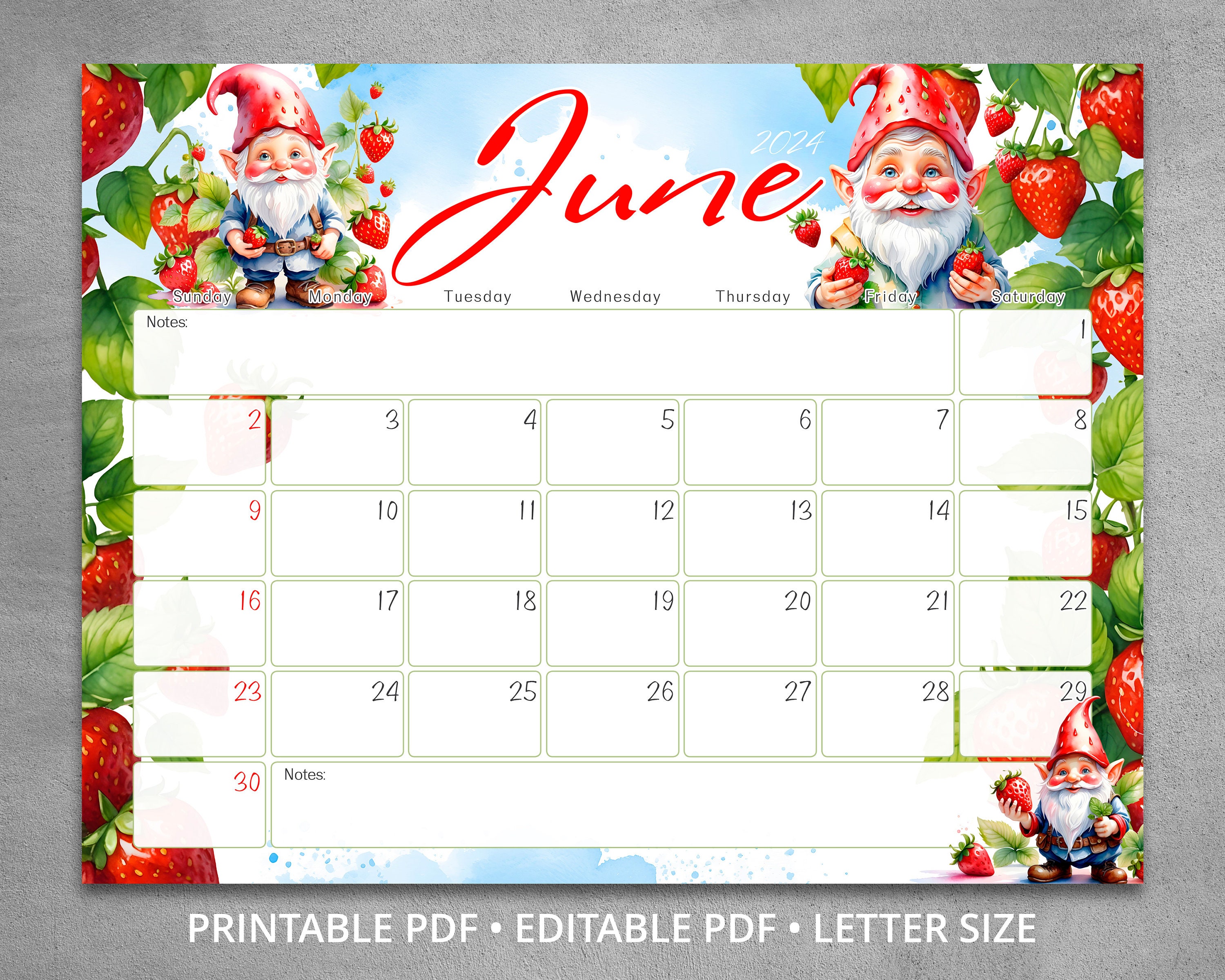 Editable June 2024 Calendar With Cute Gnomes and Strawberries, Summer ...