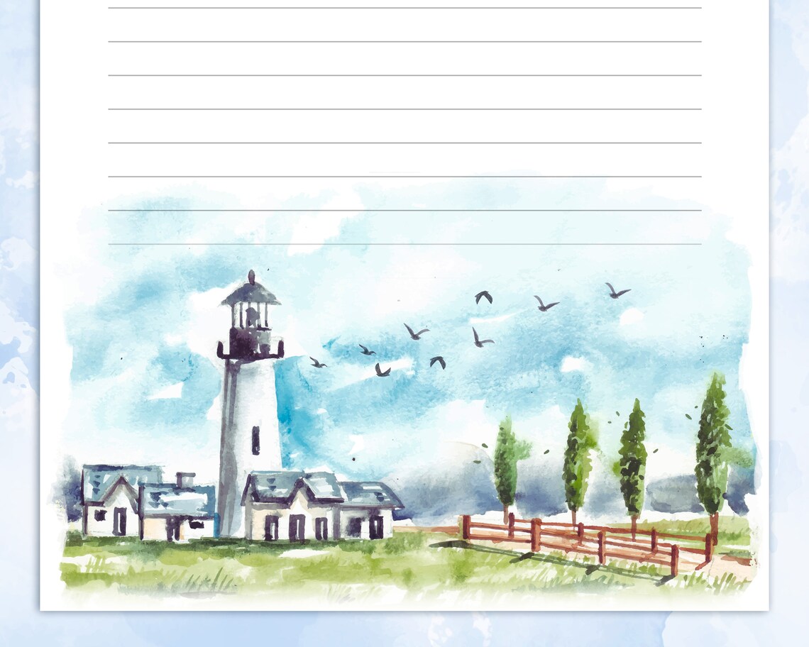 Printable Stationery Lined Paper With Watercolor Nature Landscape With ...