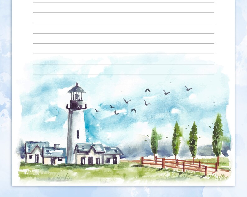 Printable Stationery Lined Paper With Watercolor Nature Landscape With ...