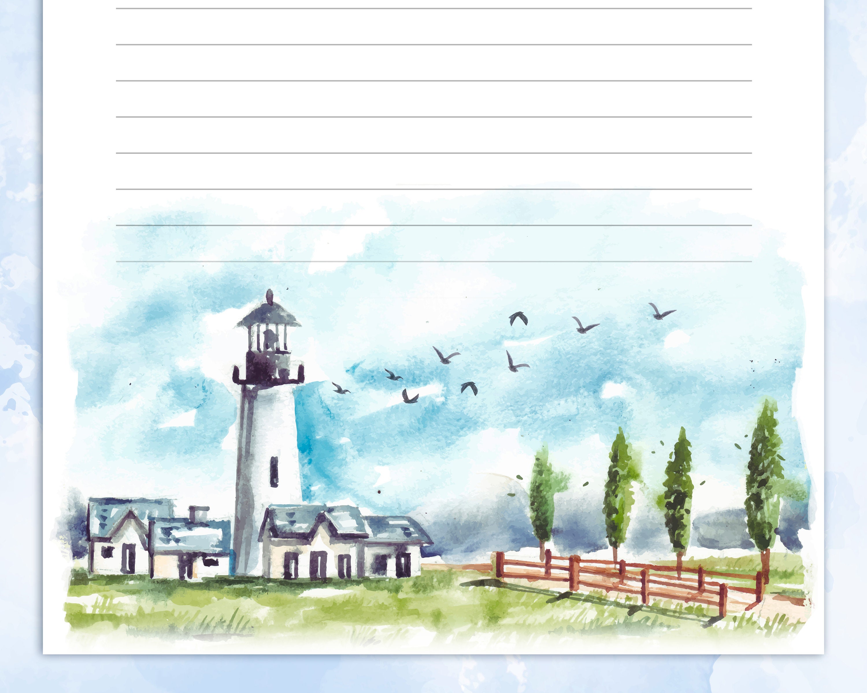 Printable Stationery Lined Paper With Watercolor Nature Landscape With ...