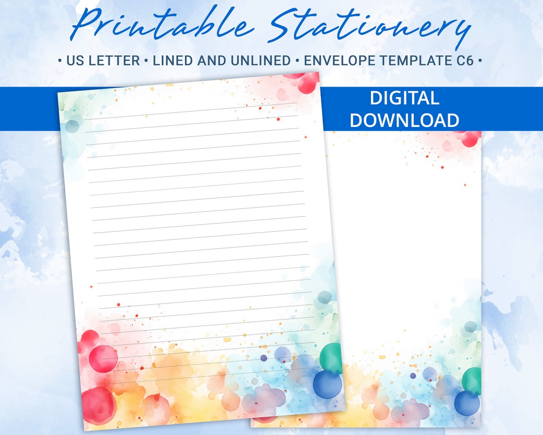 Printable Stationery Paper With Sunny Watercolor Blots and Splashes ...