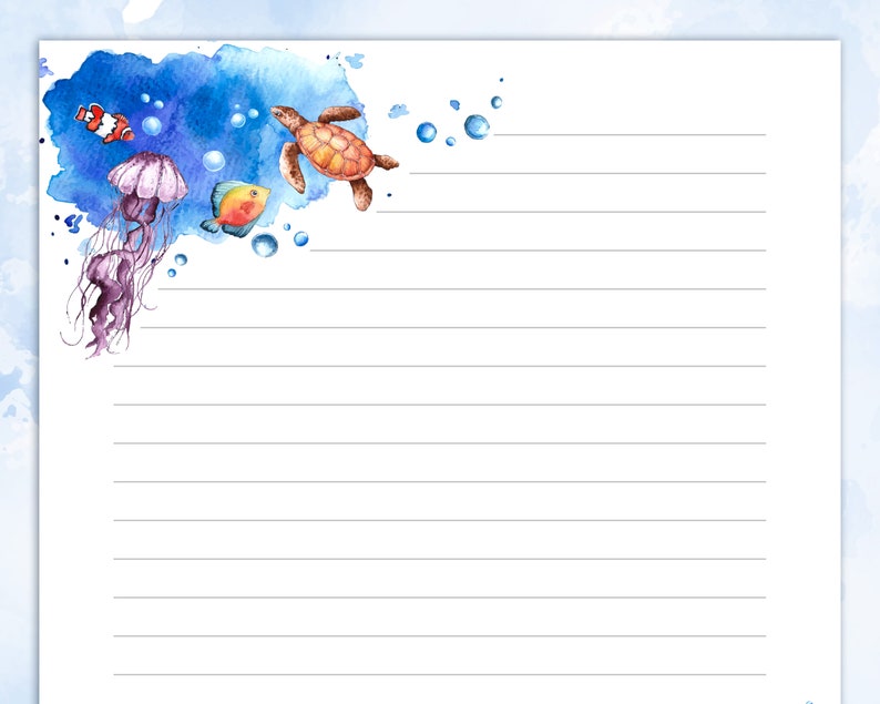 Printable Stationery Lined Paper With Watercolor World Oceans ...