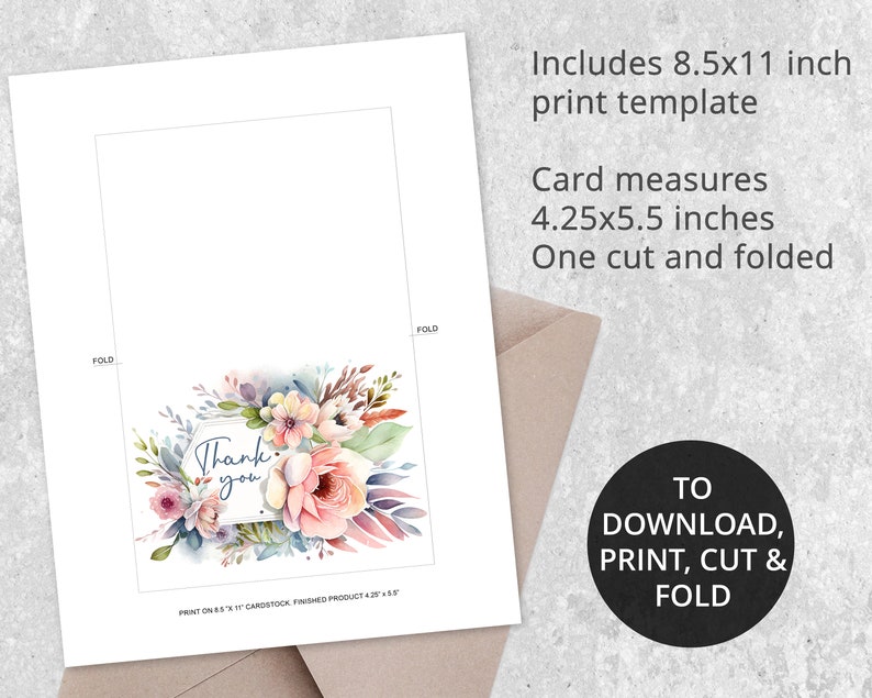 Floral Thank You Card Printable, Thank You Note, Instant Download PDF ...