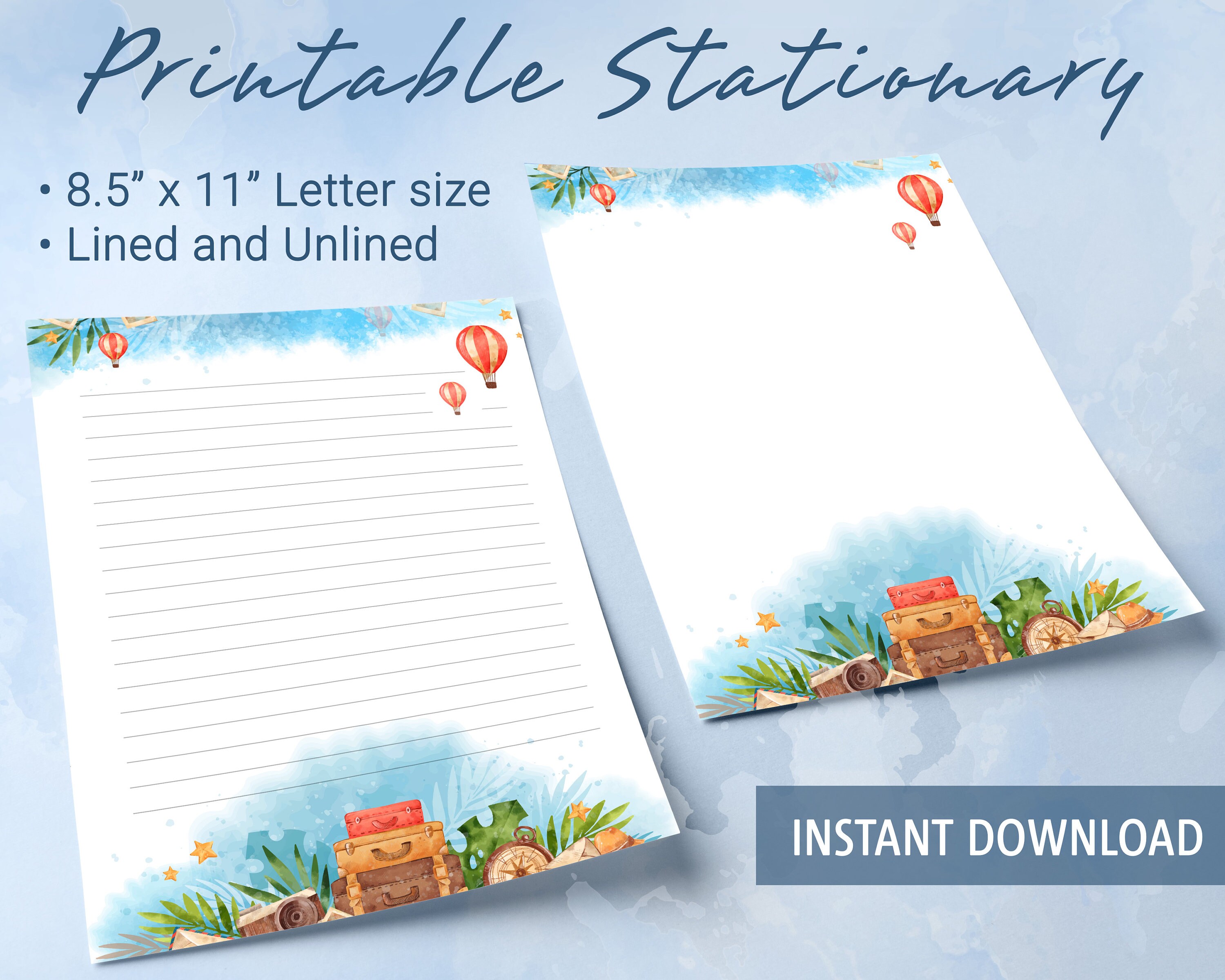 Travel Printable Stationery Lined Paper, Watercolor Travel Printable ...