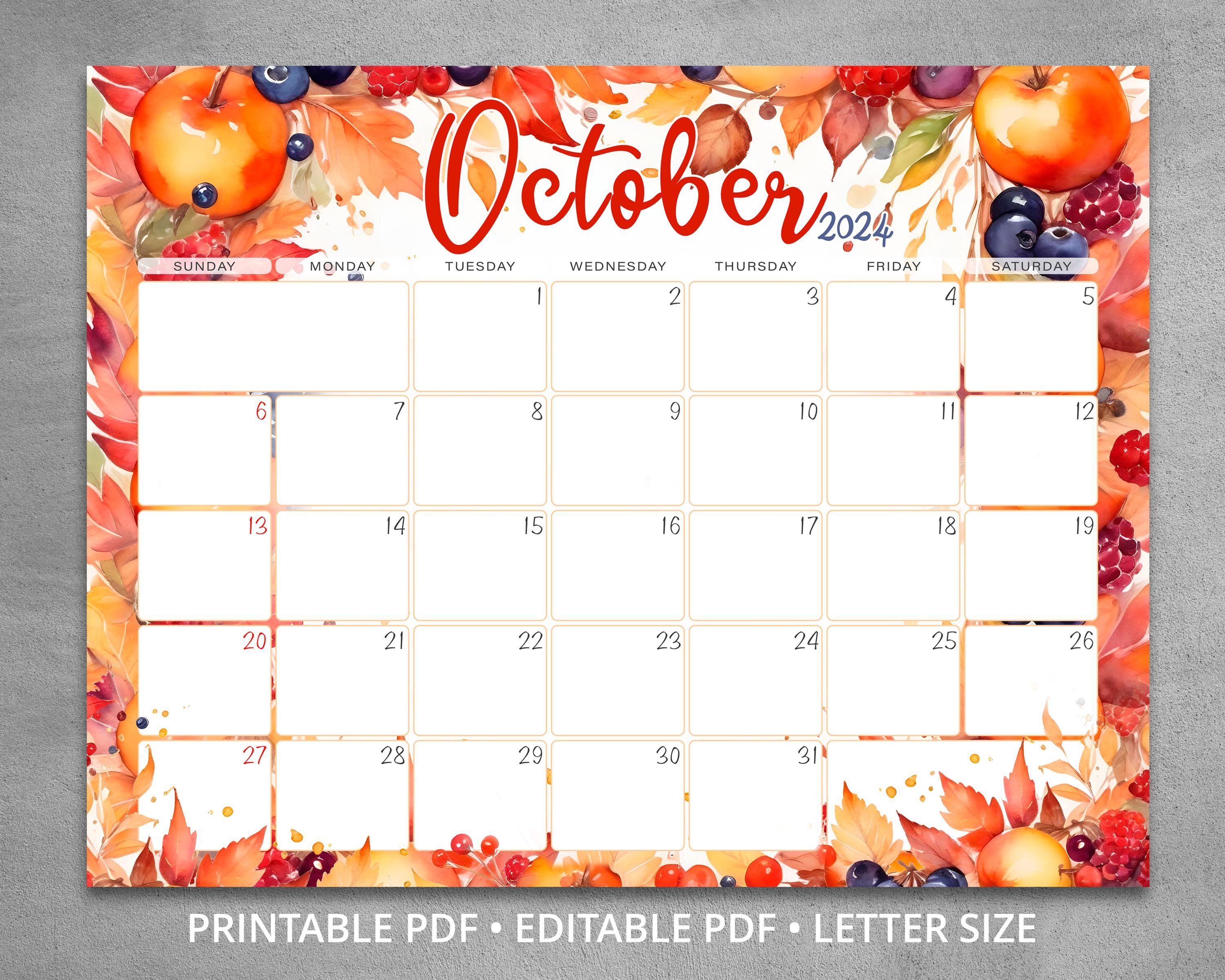 Editable October 2024 Calendar, Autumn Wall Calendar With Fall Fruits ...