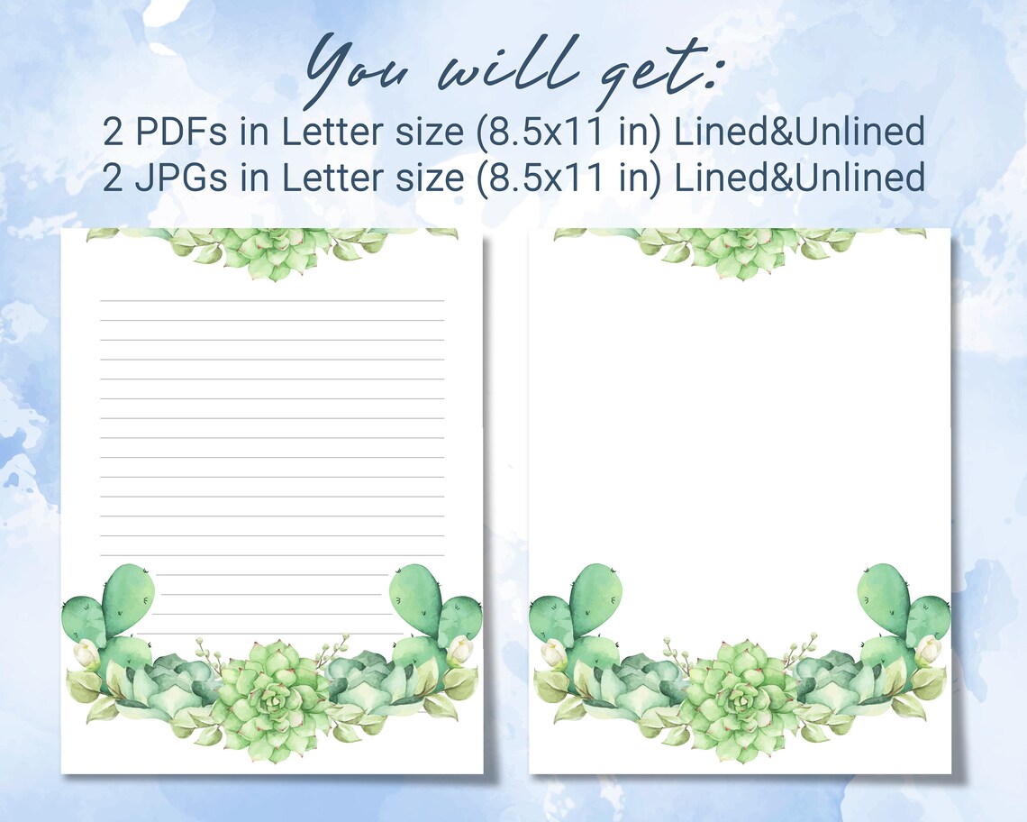 Floral Succulent Printable Stationery Lined Paper, Printable Writing ...