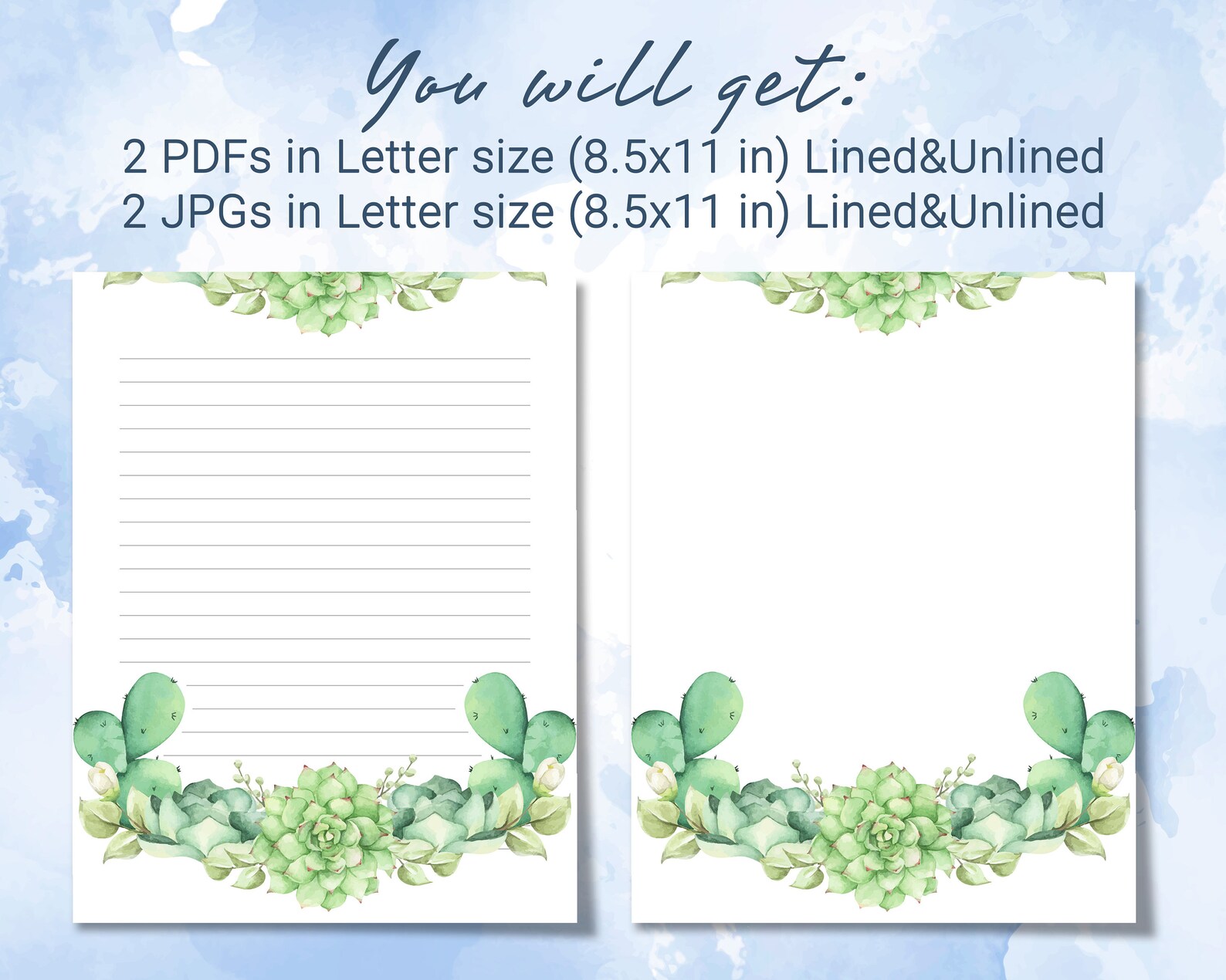 Floral Succulent Printable Stationery Lined Paper, Printable Writing ...