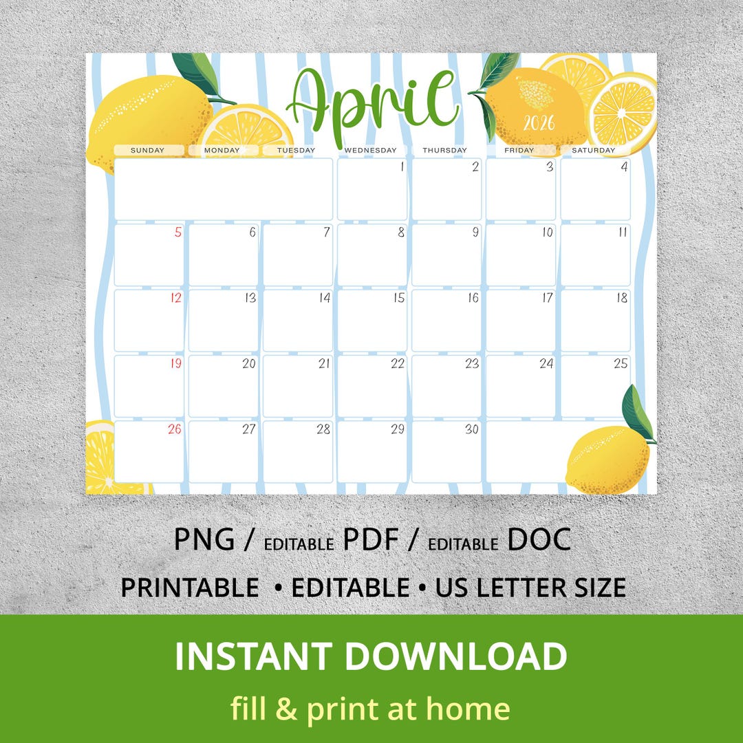 Editable April 2026 Lemon Calendar, Printable Monthly Planner PDF ...