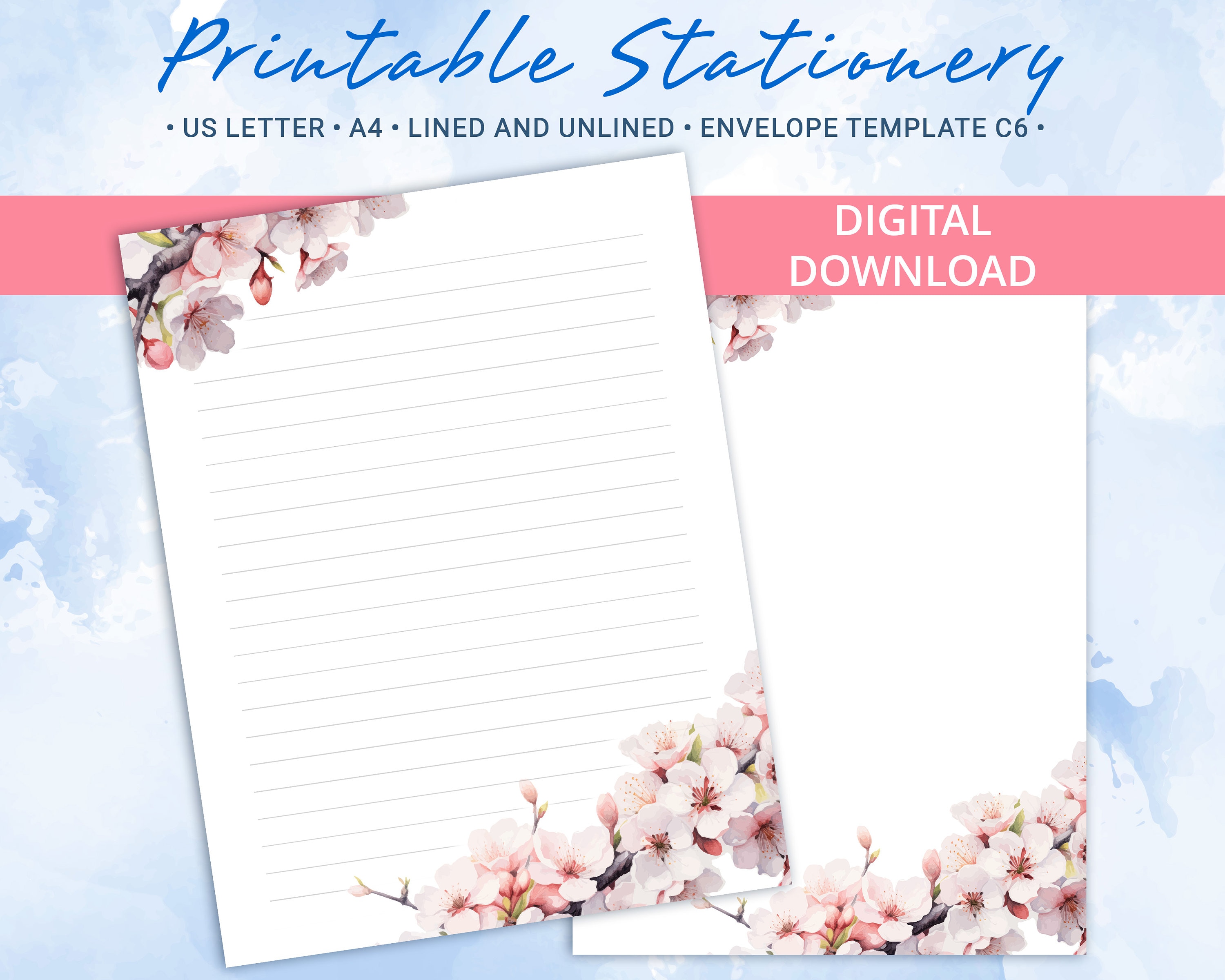 Printable Stationery With Cherry Blossom Flowers, A4 & US Letter Size ...